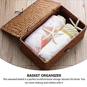 Cabilock 1pc Straw Storage Box Wicker Storage Basket Stacking organizing Basket Seagrass Storage Basket Woven Storage Bins Basket Organizer Cutlery Basket Desktop Natural Seagrass