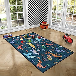Reihanosk Dinosaur Area Rugs for Kids Room Boys Girls, 3'×5' Cartoon Carpet Bedroom Home Decor Large Play Mat, Non Slip Crystal Polyester Dinosaur Mat for Playroom Classroom Kidroom, 59"*39"