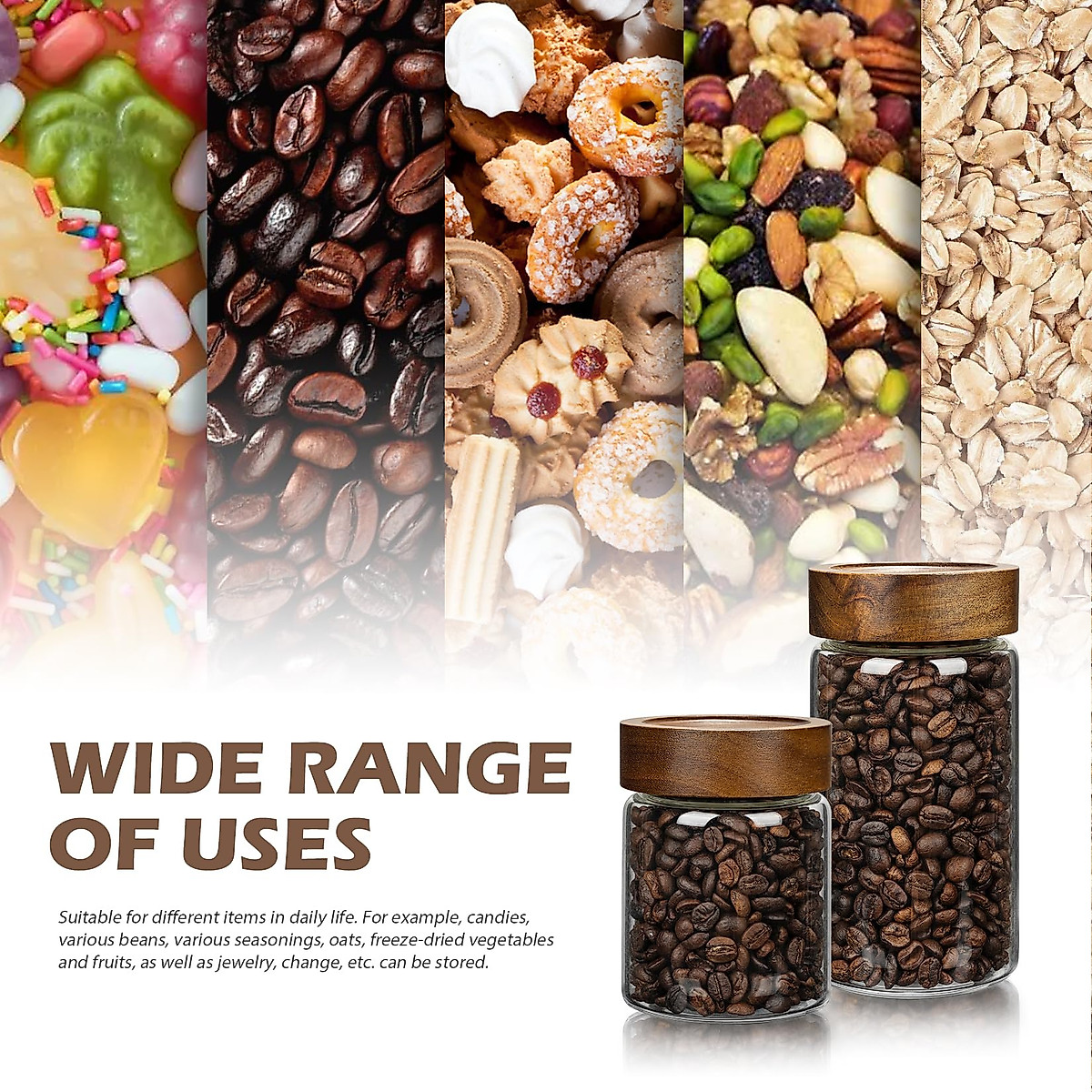 piconesper 2PCS Small Glass Storage Jars with Airtight Lids, 19.3 fl oz (560ml) coffee container with Wooden Lid, Glass Pantry Canister for Beans, Rice, Sugar and etc (2PCS, 560ML)