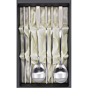 Korean Chopsticks Spoon 2 Set - METAL STAINLESS STEEL -Printed Hangul Characters (Hangul-Silver)