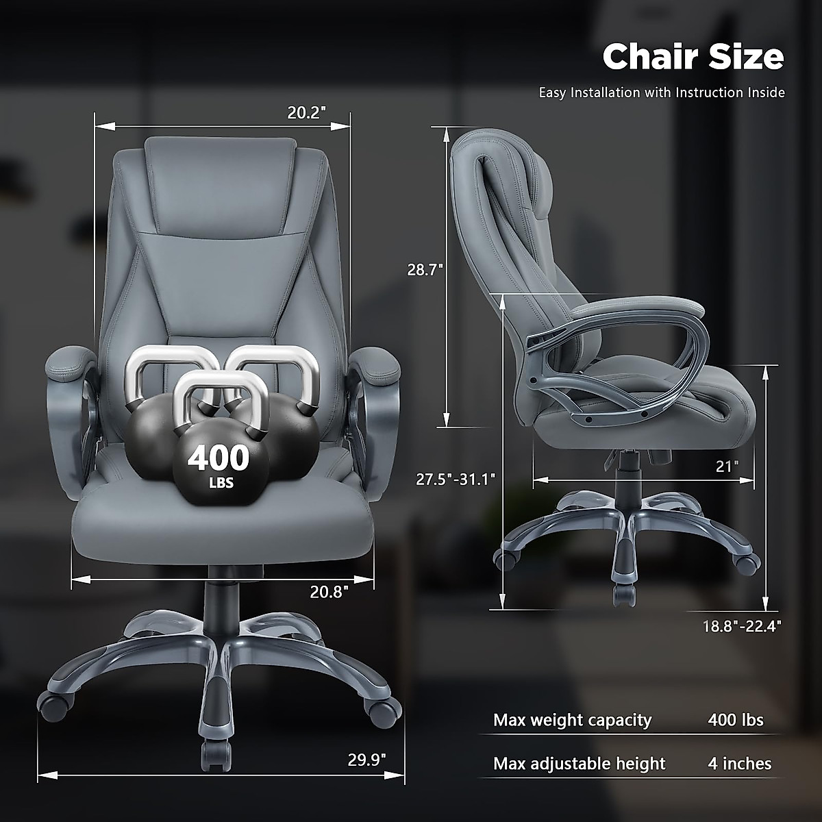 Soontrans Executive Office Chair 400lbs Big and Tall Office Chair for Heavy People Wide Seat Leather Desk Chair Adjustable Rocking Computer Chair Ergonomic Office Chair（Grey）