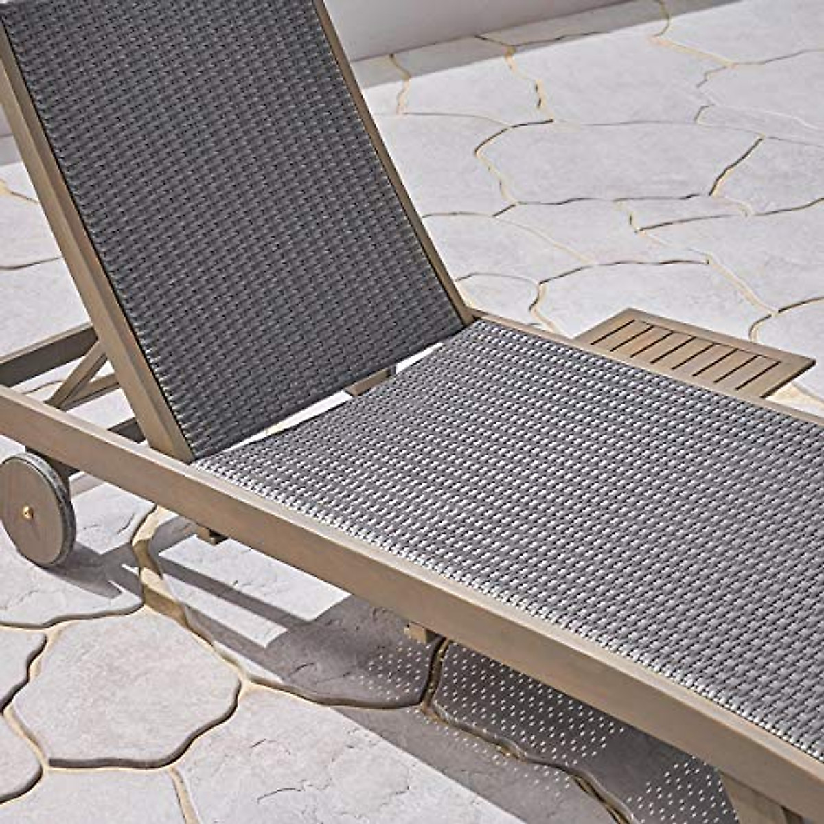 Great Deal Furniture Kimberley Outdoor Wicker and Wood Chaise Lounge with Pull-Out Tray, Set of 2, Gray