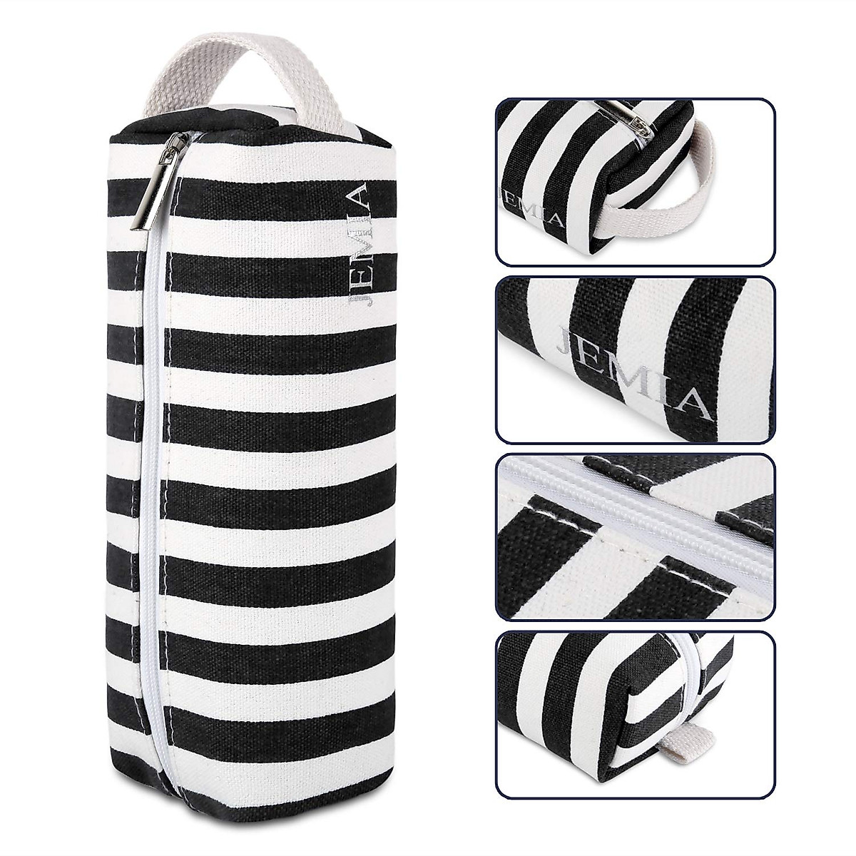 JEMIA Single Compartments Collection 1 Independent Zipper Chambers with Handle Strap Pencil Case (Black White Stripes, Canvas, Medium)