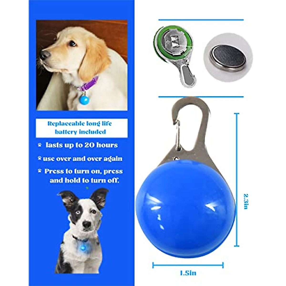 JayJos clip-on pet safety light, LED glow in the dark lights for your pet, weather resistant safety flashing lights for dogs, cats ,night walking, campers and bicycling Gifts For Pets, Keychain Light Blue