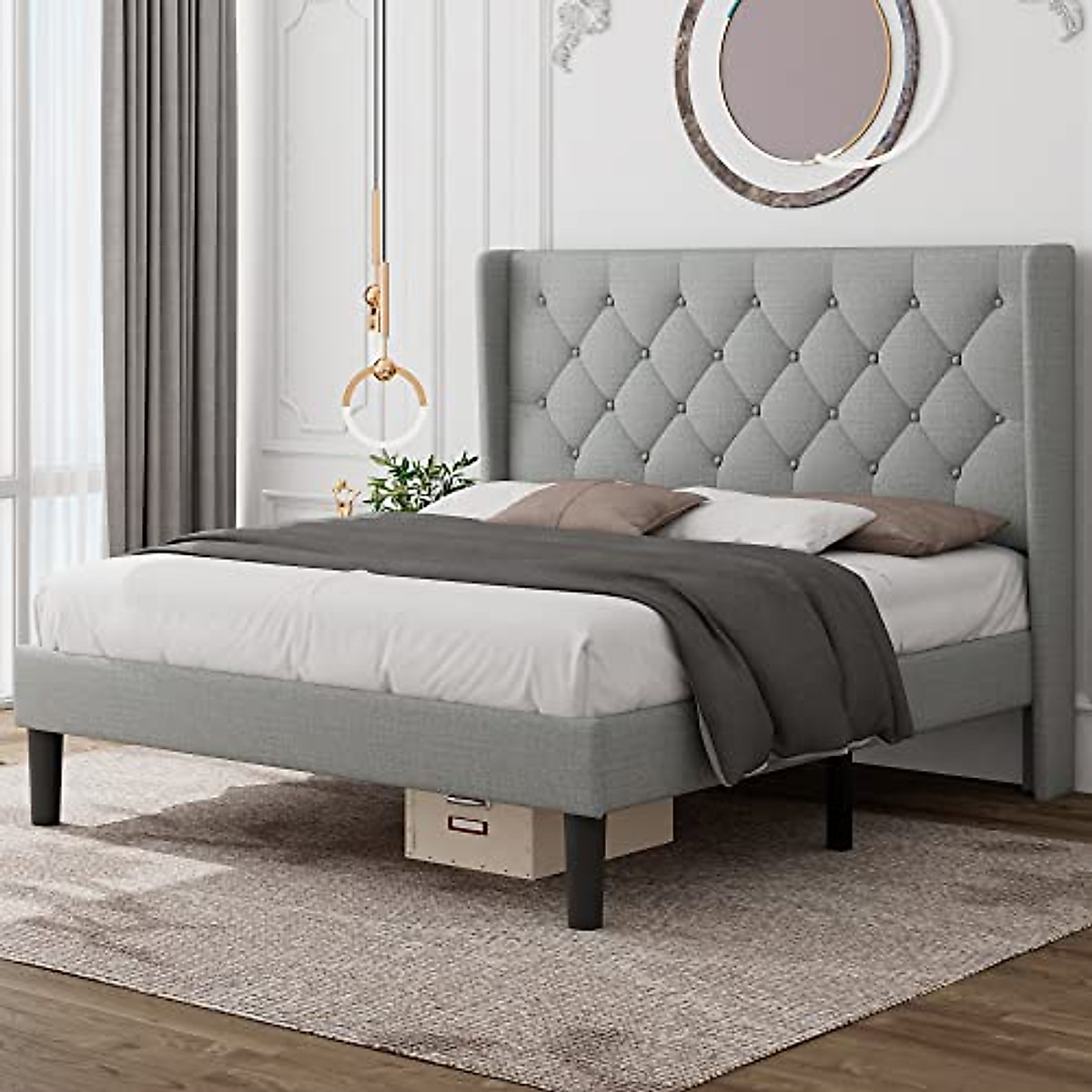 Feonase Upholstered Queen Bed Frame with Wingback, Platform Bed with Diamond Tufted Headboard, Heavy Duty Bed Frame, Wood Slat, Easy Assembly, Noise-Free, No Box Spring Needed, Light Gray