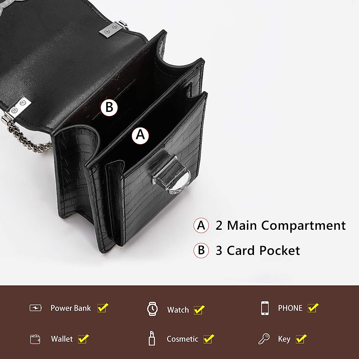 FOXLOVER Crossbody Cell Phone Purses for Women, Cow Leather Crocodile Pattern Ladies Small Shoulder Bags with Metal Chain Strap Womens Mini Wallet Purses Women's Shoulder Sling Bags (White)