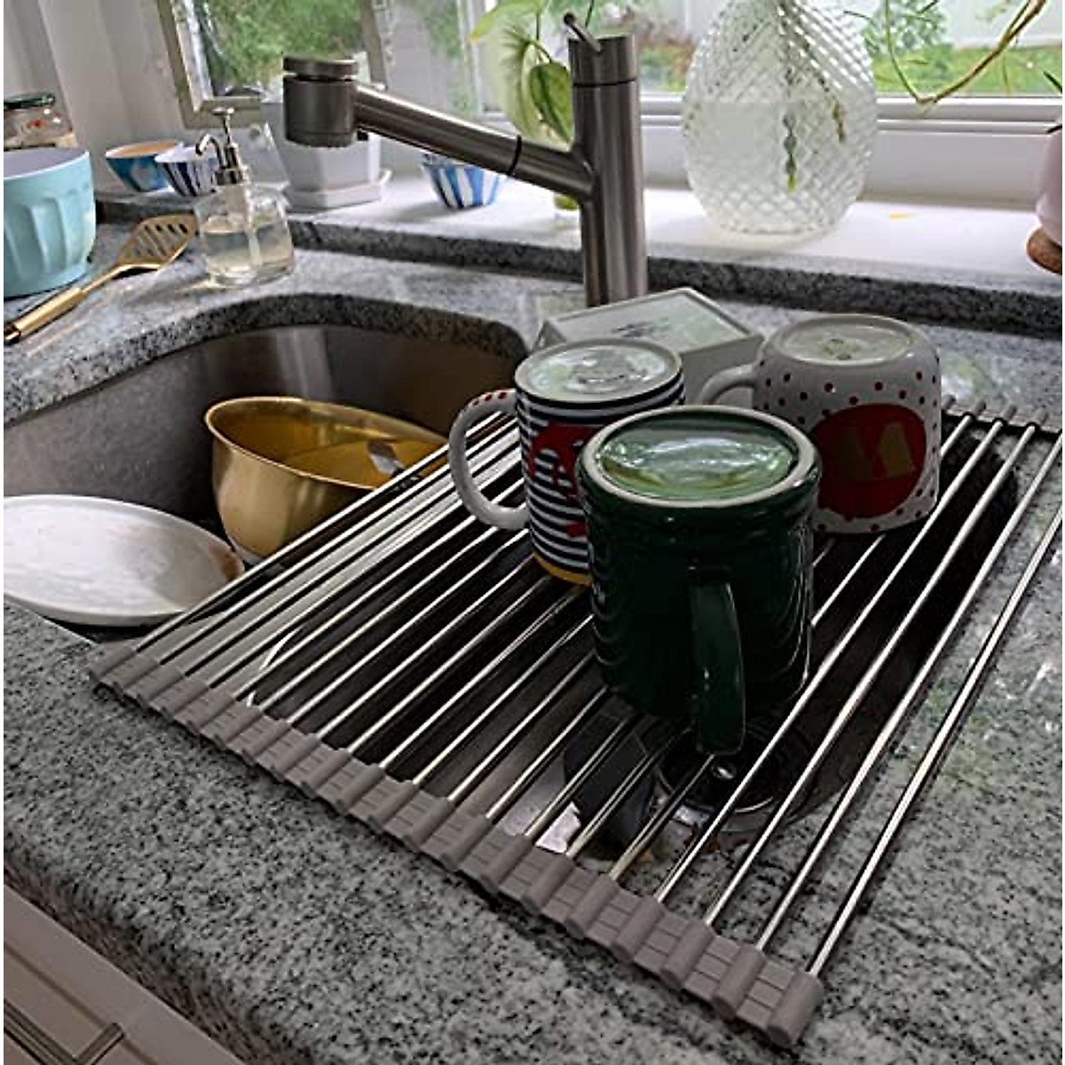 Ahyuan Roll up Dish Drying Rack Over The Sink Dish Drying Rack Roll-up Drying Rack Sink Drying Rack Dish Racks for Kitchen Counter Camper Accessories (Warm Gray, 13.8''Wx17.7''L)