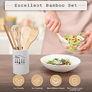 [4PCS] Wooden Bamboo Cooking Utensils : Salad Tongs, Wood Spoons, Slotted Spoon, Bamboo Forks, 11.8inch Long Handle Salad Serving Utensils is Perfect Choice for Daily Cooking and Gifts.USOONESP