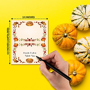 Fall Thanksgiving Table Place Cards, Orange Pumpkin Blank Seating Place Card for Table, 25 Pack Buffet Food Tent Labels, Double Design Name Cards, Thanksgiving Day Party Decorations(02)