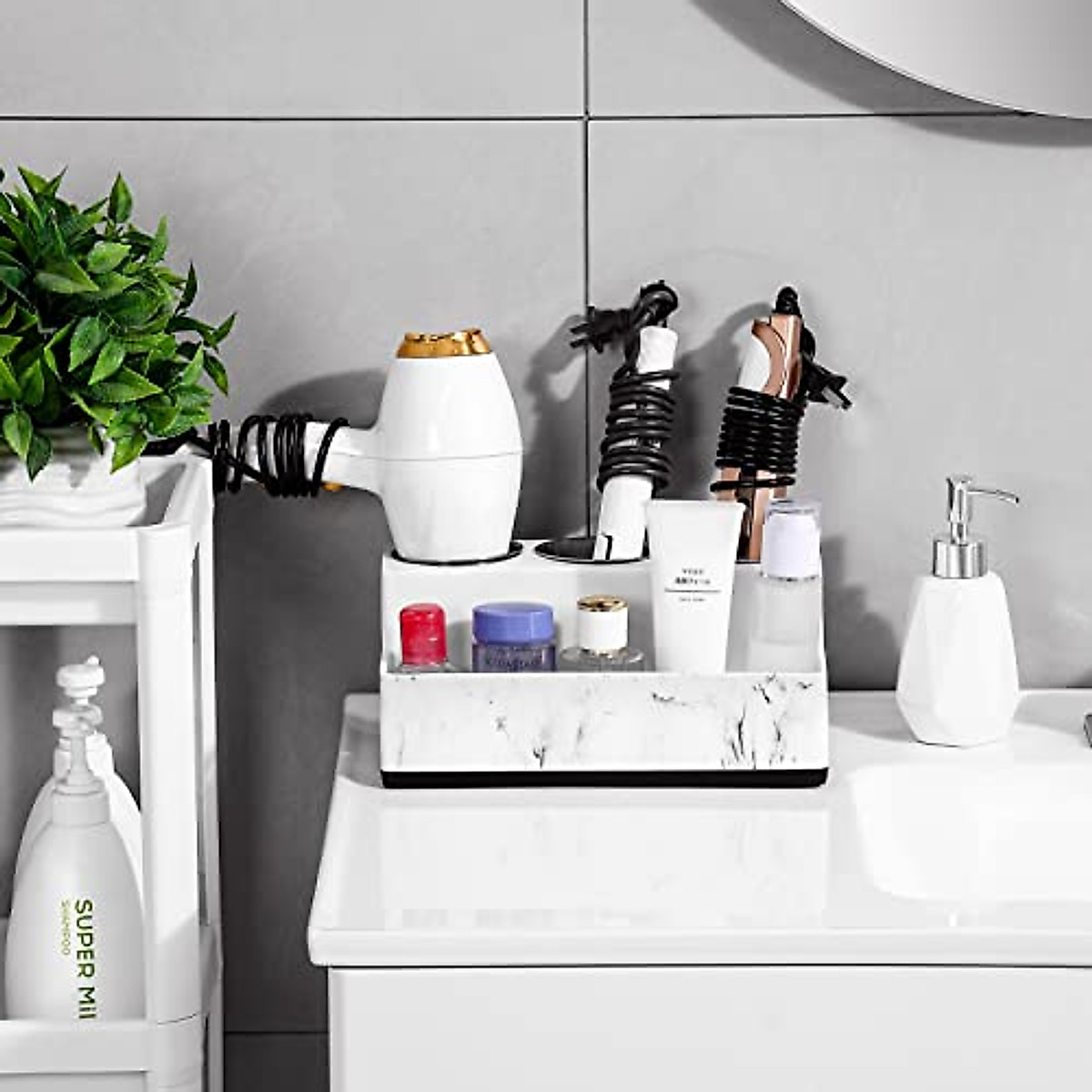 VITVITI Resin Hair Tool Organizer, Hair Dryer and Straightener Holder Countertop, Blow Dryer Holder Bathroom Organizer Storage for Vanity Makeup/Styling Tools/Curling Iron, White Marble Look