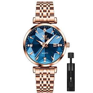 OLEVS Women Watch Fashion Rose Gold Diamond Analog Quartz Female Watch for Women Luxury Dress Ladies Stainless Steel Luminous Waterproof Date Wrist Watch Blue