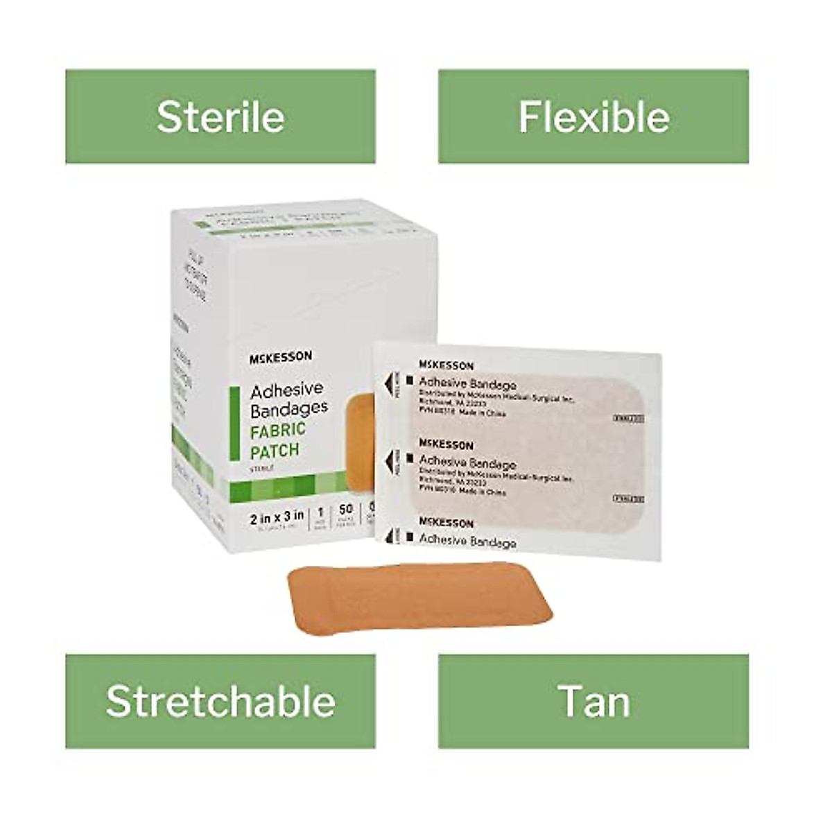 McKesson Adhesive Bandages, Sterile, Fabric Patch, 2 in x 3 in, 50 Count, 1 Pack