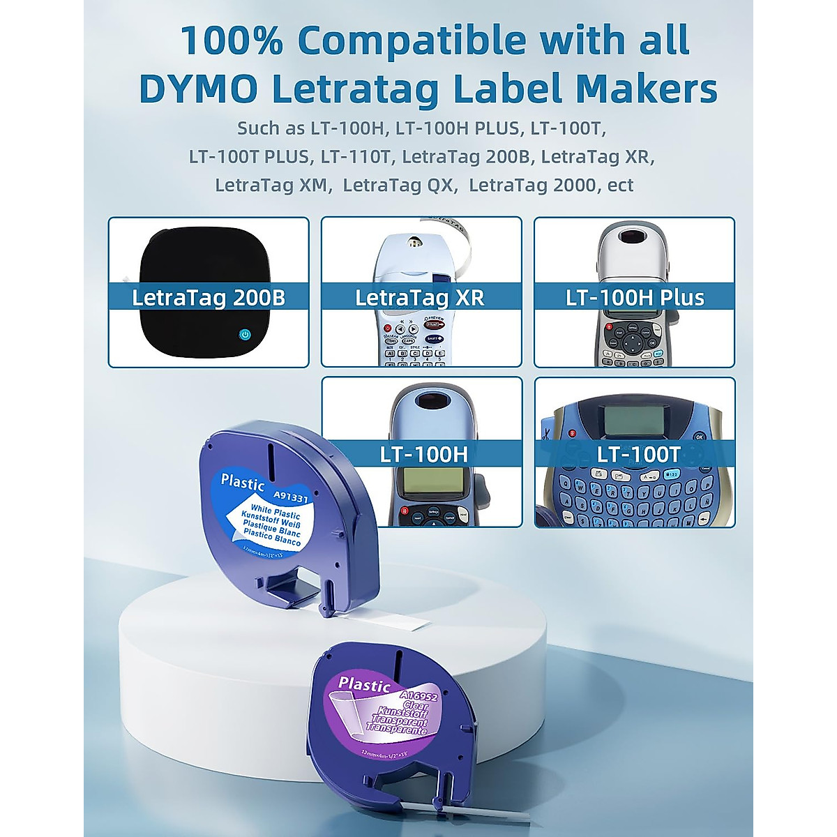 6 Pack Replacement for Dymo Label Maker Refills LetraTag Refills for Dymo 200B Plus LT100H LT100T QX50 Plastic Label Tape 16952 91331 91332 91333 91334 91335,12mm x 4m(1/2" x 13')