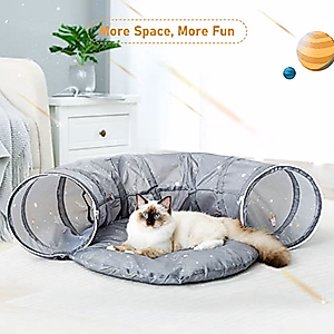 PAWZ Road Cat Tunnel, Cat Tunnel Bed with Central Soft Mat and Plush Ball Toys, Collapsible Tunnel Tube with Cute Rocket Prints for Indoor Kittens, Rabbits and Puppies