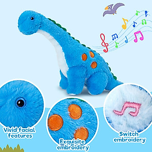Houwsbaby 14" Blue Musical LED Dinosaur Stuffed Animal Floppy Diplodocus Plush Toy Singing Light Up Adorable Long Neck Lullaby Animated Soothe Baby Birthday Christmas Halloween for Kids Boy Toddlers