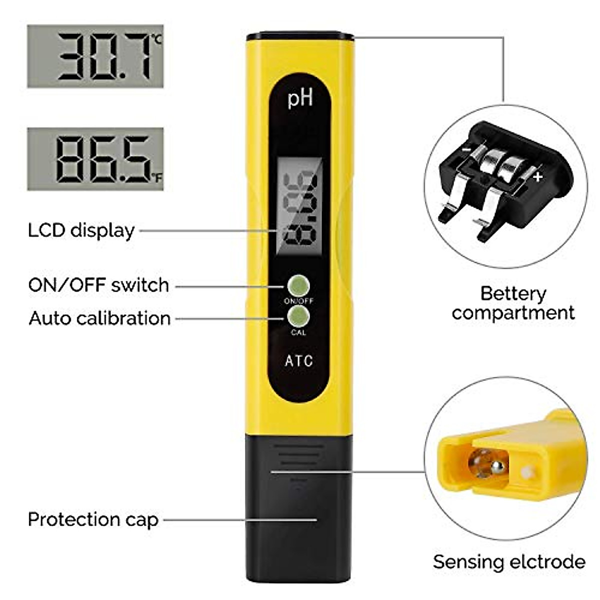 Digital PH Meter, PH Meter 0.01 PH High Accuracy Water Quality Tester with 0-14 PH Measurement Range for Household Drinking, Pool and Aquarium Water PH Tester Design with ATC (2020-Yellow)