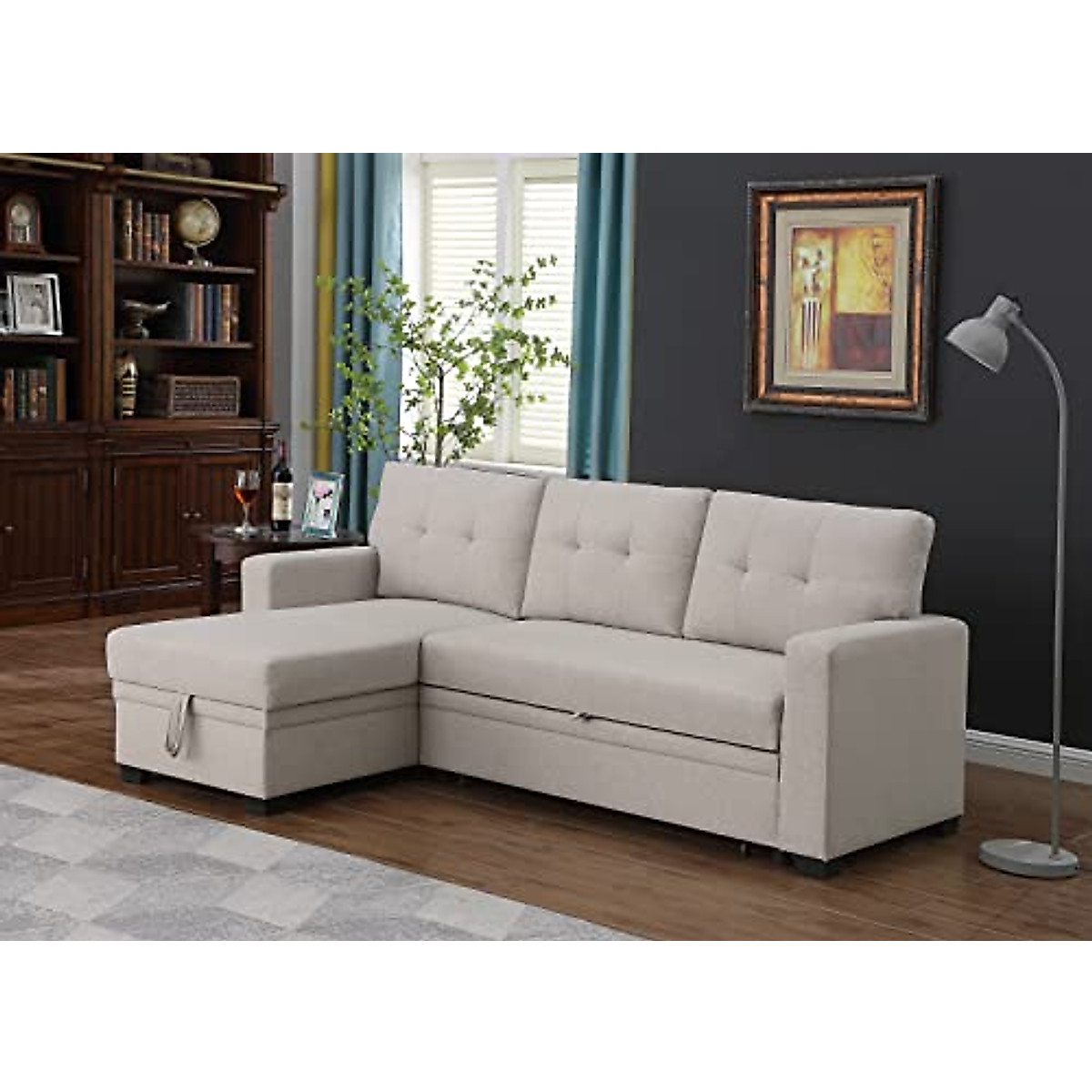 ACQCA 82" L-Shape Sleeper Sectional Sofa with Storage Chaise and Pull-Out Bed,Convertible Couch for Living Room,Apartment,Office,Beige