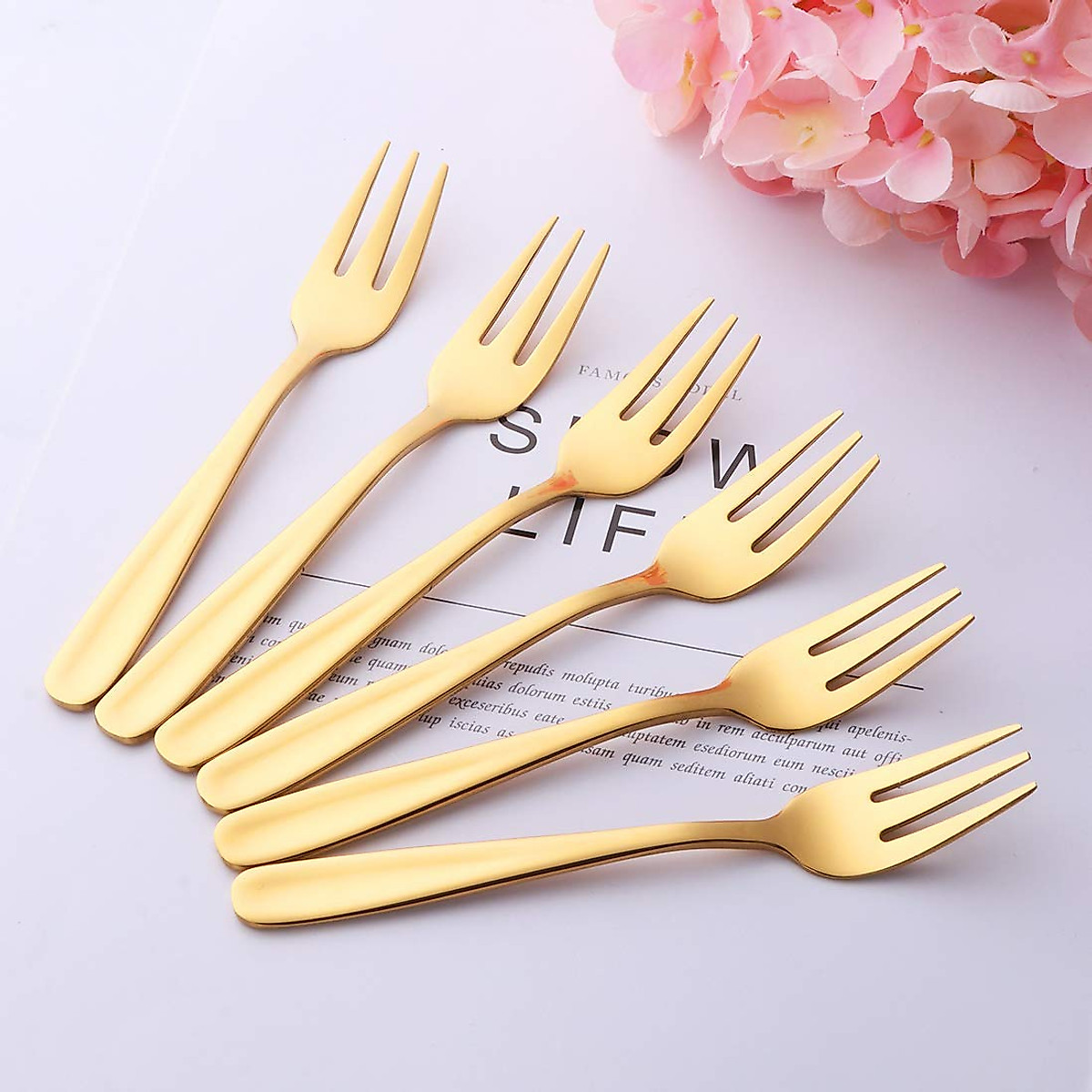 Buyer Star Cocktail Forks, 18/10 Stainless Steel 3-tine Appetizers Desert Mini Salad Fruit Fork Sets of 8, 5.5 Inch