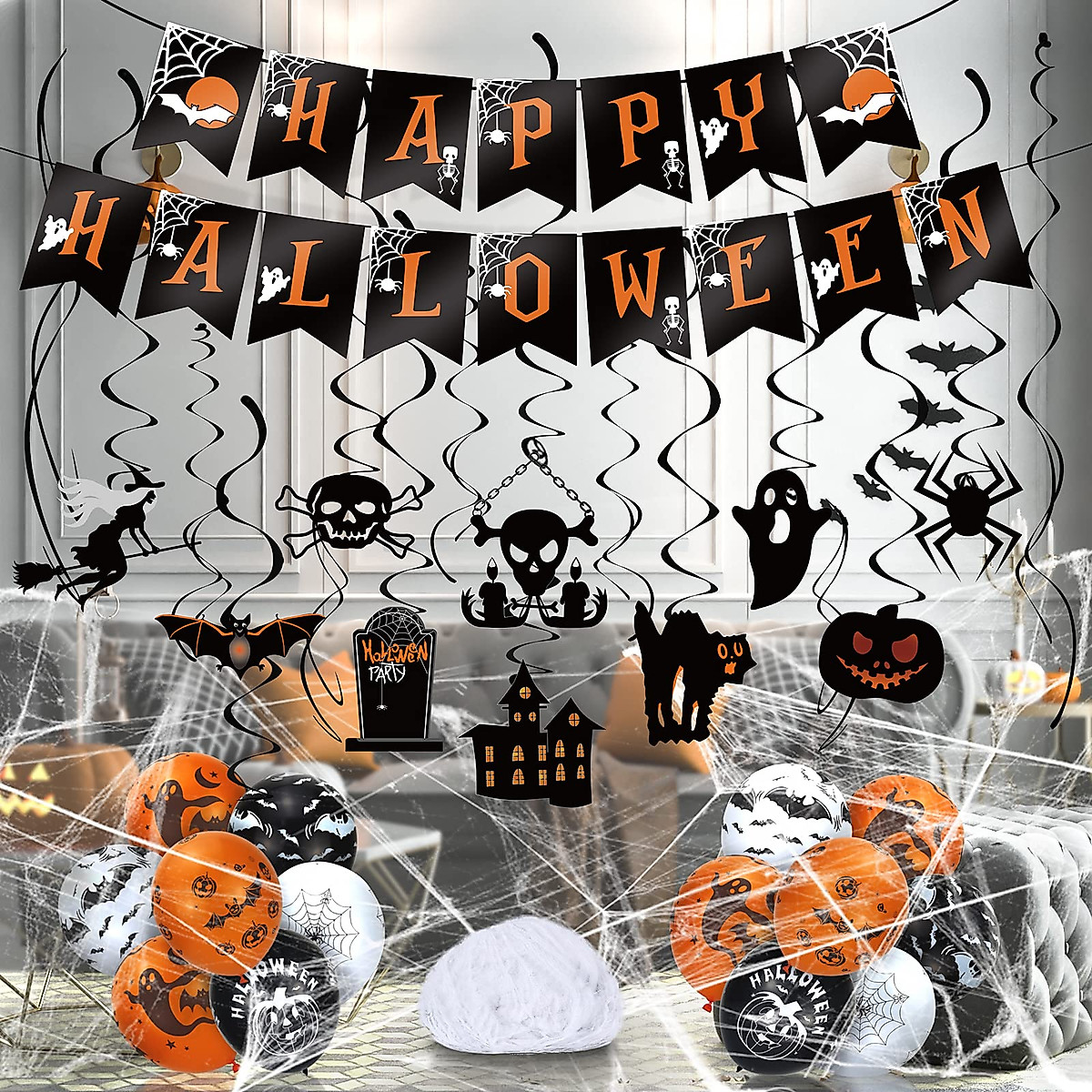 Halloween Party Hanging Decorations Kit- Halloween Hanging Swirl, Halloween Banner, Halloween Balloons with Halloween Spider Web Stretchable Cobweb for Halloween Indoor Outdoor Decoration