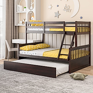 Giantex Twin Over Full Bunk Bed with Trundle, Solid Wood Bunk Bed with Ladder and Guardrails, Convertible to 2 Beds, Triple Bunk Beds for Kids Teens Adults, No Box Spring Needed, Espresso