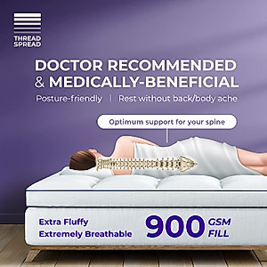 THREAD SPREAD Twin Cooling Mattress Topper, Pillow-Top Optimum Thickness, Soft 100% Cotton Fabric, Breathable & Plush Quilted Down-Like Fill, Snug Deep Pocket fit - White