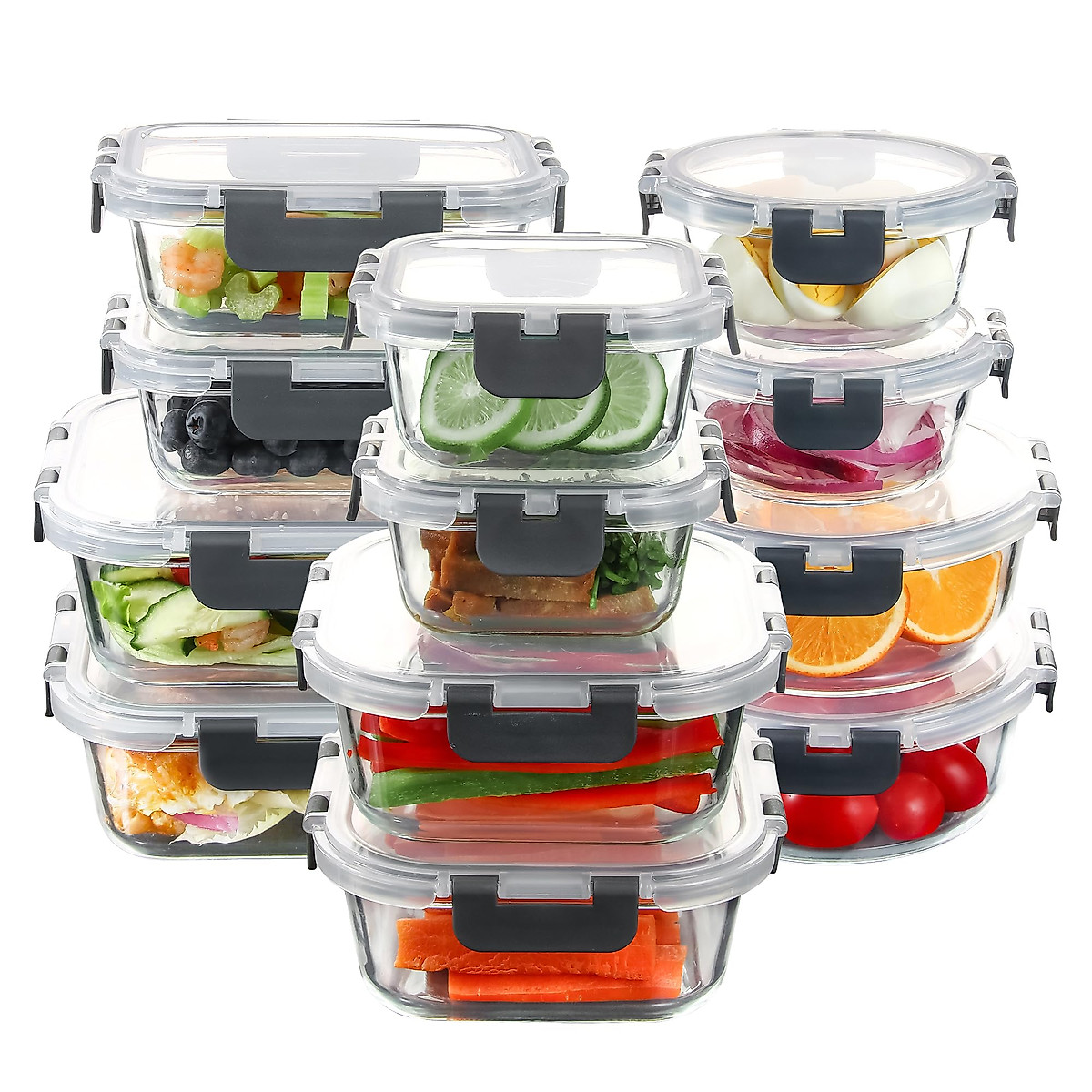 C CREST Food Storage Glass Containers Set of 12 with Locking Lids, Multi-Size, Airtight Seal for Freshness, Perfect for Meal Prep and Storage