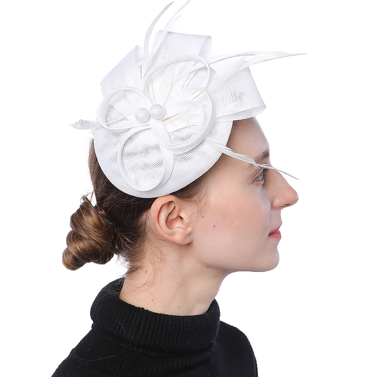 Coolwife Womens Fascinator Hat Sinamay Pillbox Flower Feather Tea Party Derby Wedding Headwear (A White)