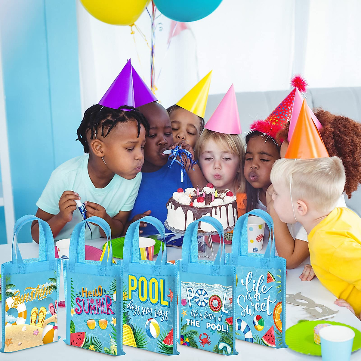 24 Pcs Summer Pool Party Reusable Gift Bags Beach Ball Party Goodie Bags Summer Beach Themed Party Decorations Treat Bags Non Woven Tote Bags for Baby Shower Kids Birthday Supplies
