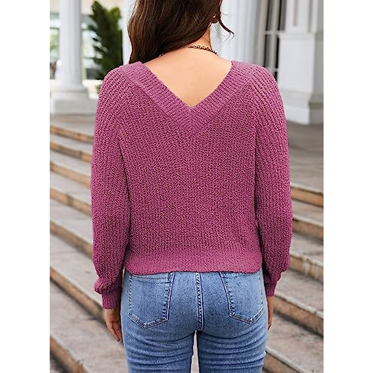 Dokotoo Solid V Neck Cropped Sweaters for Women Fall Casual Long Sleeve Knitted Pullover Jumper Tops Red Medium