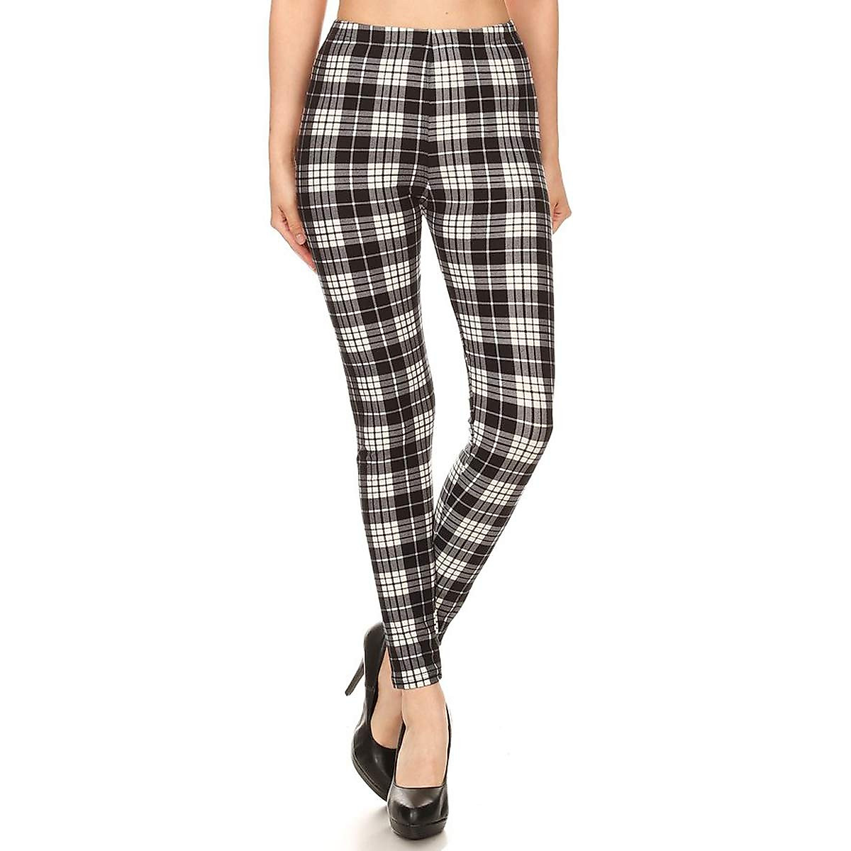 Leggings Depot High Waisted Plaid & Wild Print Leggings for Women-Full Length-S576, Muted Plaid, One Size