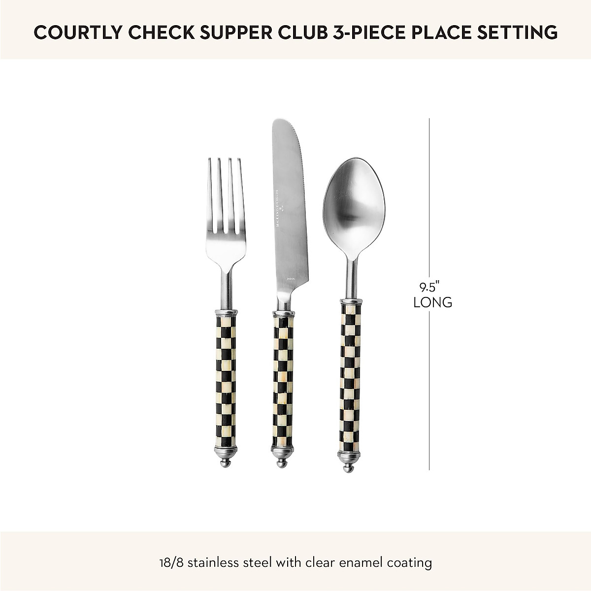 MACKENZIE-CHILDS Supper Club 3-Piece Place Setting, Fork, Spoon, and Knife Dinner Flatware Set, Black-and-White Courtly Check