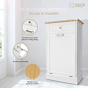 3BEP Tilt Out Trash Cabinet Bamboo Countertop |Under Counter Garbage | Pet Proof Trash Can Tilt Out Hamper, Free Bamboo Cutting Board, 50Pk 10-Gallon Trash Bags, White