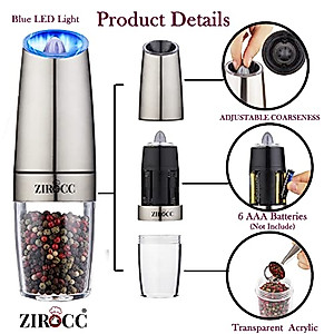 Gravity Electric Pepper and Salt Grinder Set-Adjustable Coarseness-Battery Powered with LED Light-One Hand Automatic Operation-Stainless Steel 2 Pack- Kitchen Gadgets Gifts Ideas By ZIROCC