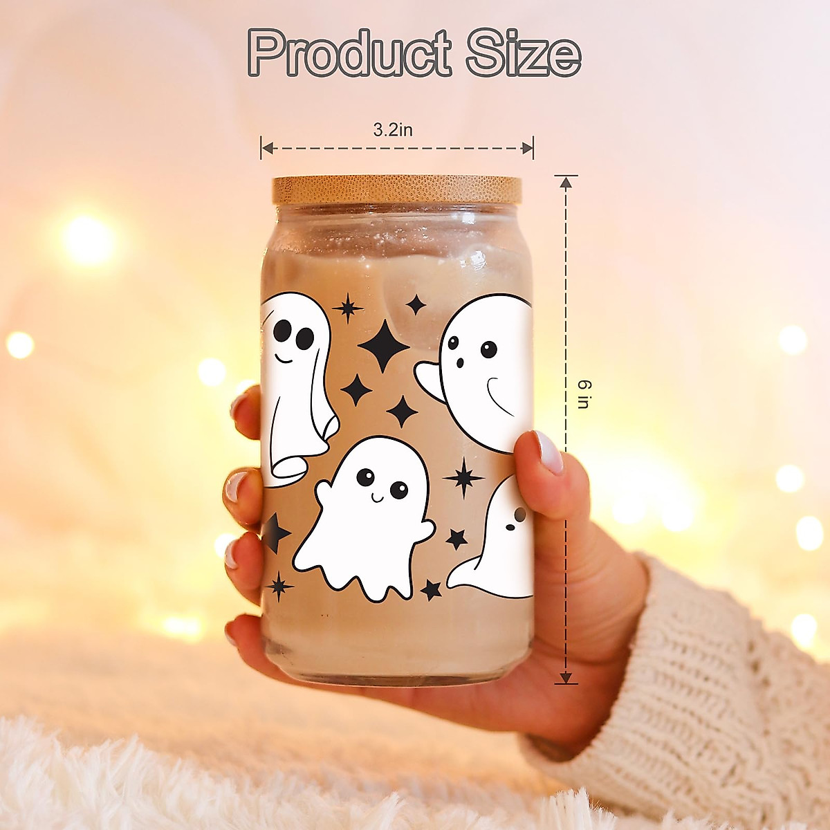 Coolife Ghost Halloween Cup, 16 oz Tumbler Glass Cups w/Lids Straws - Spooky Iced Coffee Cup, Smoothie Cup, Cute Halloween Gifts for Women, Girls, Spooky Gifts for Teens, Boys, Her