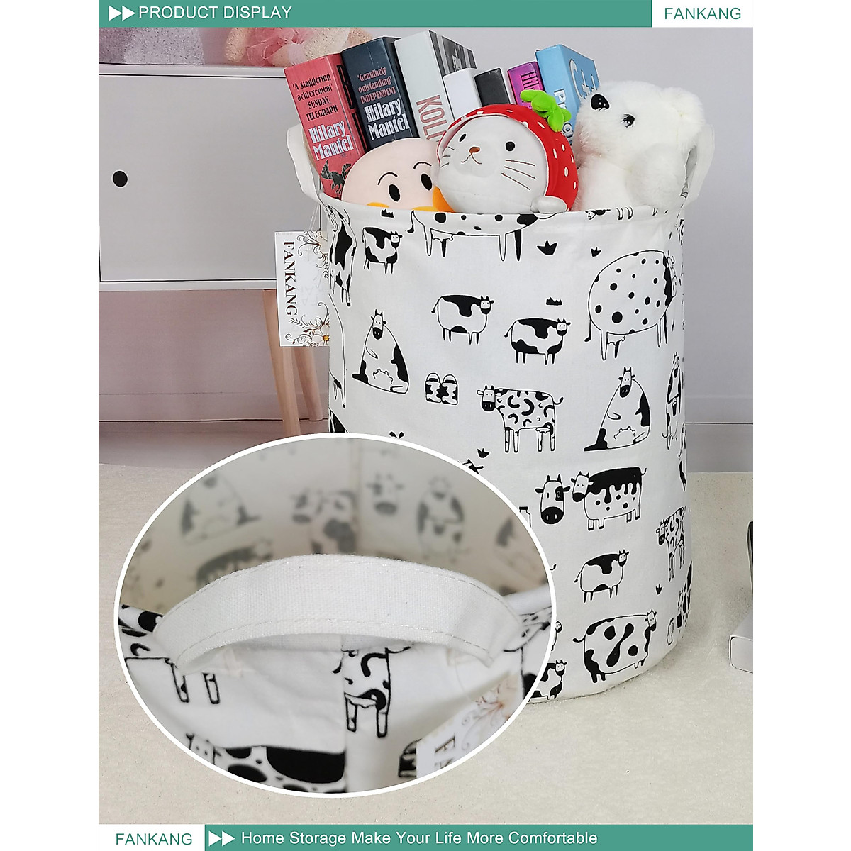FANKANG Storage Basket, Nursery Hamper Canvas Laundry Basket Foldable with Waterproof PE Coating Large Storage Baskets for Kids Boys and Girls, Office, Bedroom, Clothes,Toys（Cows）