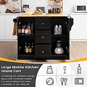 Giantex Mobile Kitchen Island, Large Kitchen Cart on Hidden Wheels, Rubber Wood Countertop, 3 Deep Drawers, 2 Enclosed Storage Cabinets with Adjustable Shelves, Side Towel Bar and Spice Rack, Black