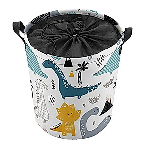 Babyish Dinosaurs Laundry Hamper Collapsible Laundry Basket with Drawstring Waterproof Scandinavian Style Toys Storage Basket with Handle, 14x17.3 Inches