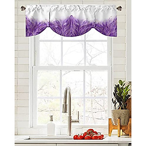 Tie Up Curtain Valance for Kitchen,Purple Gradient Abstract Leaf Gold Edge White Back Window Valances Adjustable Tie-up Shade Valance,Ombre Geometric Art Rod Pocket Short Curtains Bathroom 42x12in