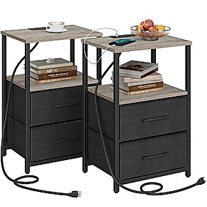 TUTOTAK End Table with Charging Station, Side Table with 2 USB Ports and Outlets, Nightstand with Cloth Drawer, Set of 2, Couch Table, Greige TB01BG052