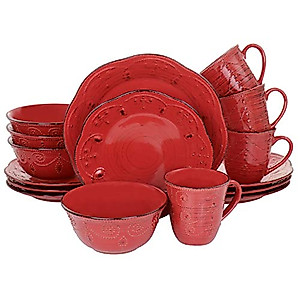 Elama Embossed Scalloped Round Stoneware Dinnerware Dish Set, 16 Piece, Red with Brown Accents