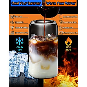 Yooler Glass Cups with Lids and Straws - 16oz Can Shaped Drinking Beer Glasses, Iced Coffee Cups, Cute Glass Tumbler with Straw and Bamboo Lid, Ideal for Cocktail, Whiskey, Gift (Set of 4)