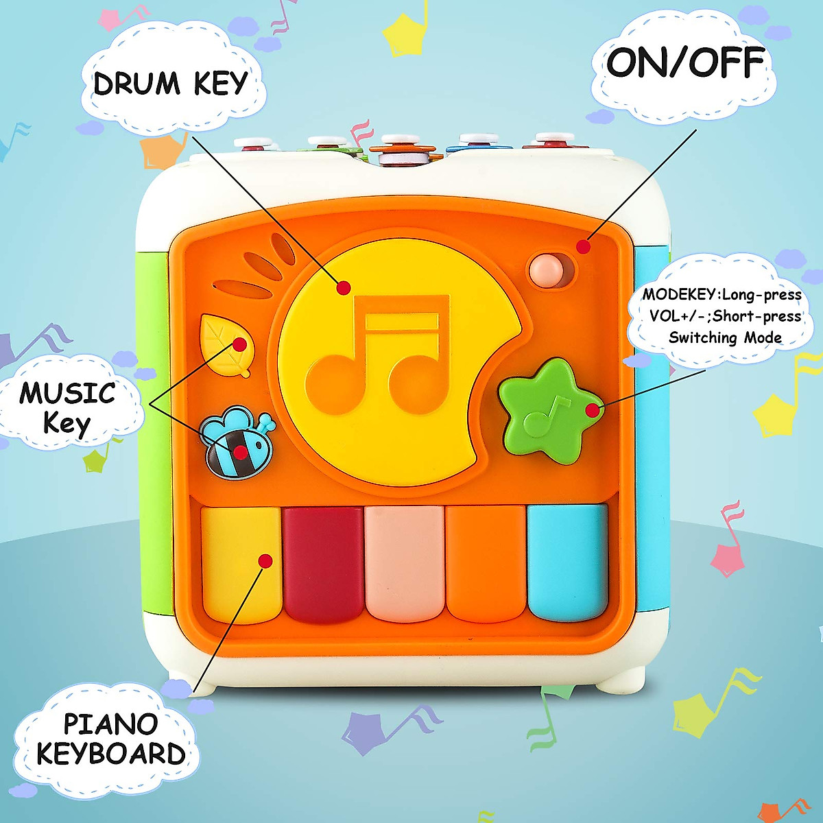 Tikooere Activity Cube Toy for Baby,7 in 1 Multi-Function Play Cube with Music Keyboard,Drum and Xylophone,Educational Musical Toy Gifts for Toddlers Kids Boys Girls 1 2 3 4 5 6 Years Old(Blue)