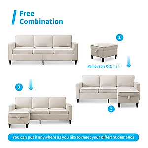 Mjkone 78“ Sectional Sofa Couch for Living Room | Convertible Linen Sofa Chaise with Reversible Storage Ottoman | Modern Modular Sofa with 2 Side Pockets | Small Sofa for Small Places | Office (Beige)