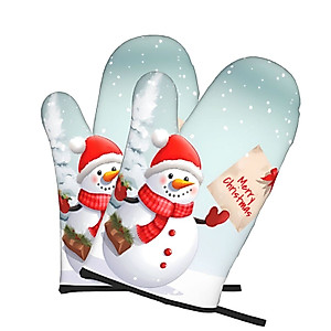2 Piece Set Oven Mitts, Winter Snowman Cartoon Style Merry Christmas Baking Glove for Cooking BBQ