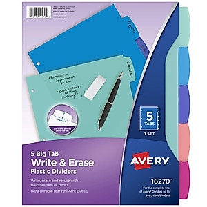 Avery Durable Plastic 5-Tab Write & Erase Big Tab Dividers for 3 Ring Binders, Pastel Brights (16270)