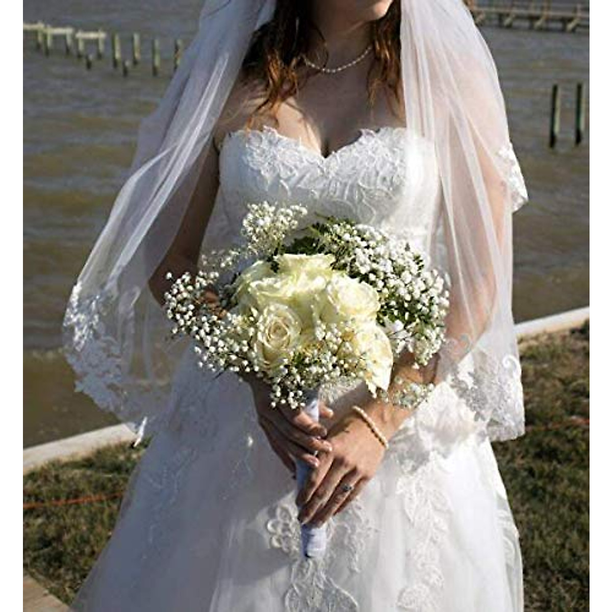 Ursumy Wedding Lace Veil Short Sparkle Waist Veils 2 Tier Soft Tulle Bridal Veils with Comb (White)