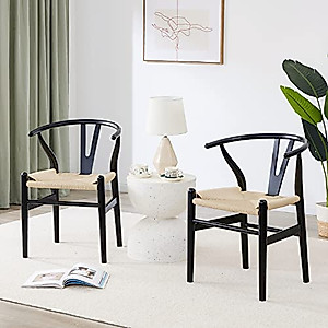Farini Wishbone Chairs for Dining Room Solid Wood Rattan Chair Armchairs Y Shaped Backrest Hemp Seat for Home Restaurant Fully-Assembled(Set of 2,Black-Beige Seat)