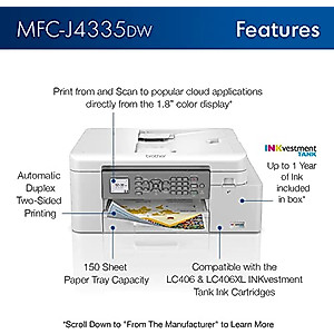 Brother INKvestment Tank MFC-J4335DW Wireless Color All-in-One Inkjet Printer - Print Copy Scan Fax - 20 ppm, 4800 x 1200 dpi, 8.5" x 11", Auto Duplex Printing, 20-Sheet ADF, Wulic Printer Cable