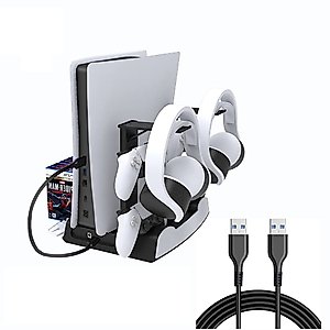 EJGAME Vertical Stand Dual Charging Station with Suction Cooling Fan Compatible with PS5 Console and PS5 Digital Edition, Built-in Headset Holder,Media Remote Stand and13 Game Rack Organizer