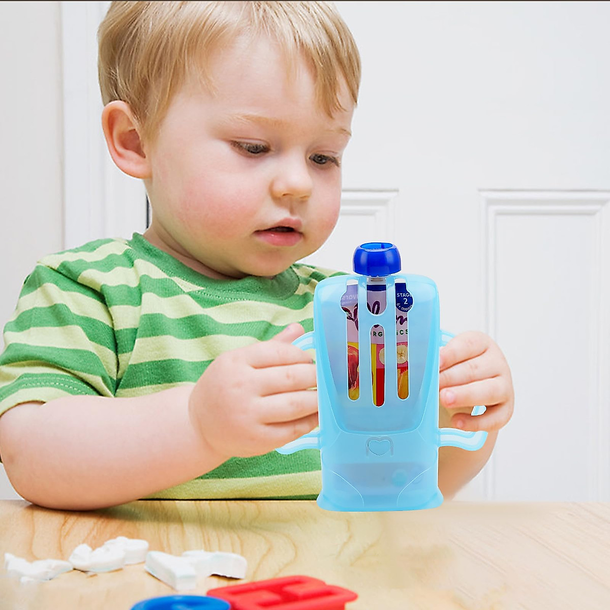 Squeeze Proof Holder for Food Pouches & Juice Boxes, Universal Multipurpose Design, Makes Baby More Fond of Self-Feeding, Prevent Messes, Food Safe (Blue)
